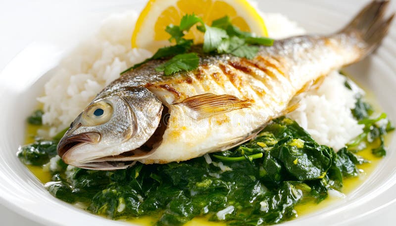 Steamed Sea Bream with Spinach and Basmati Rice Stock Photo - Image of ...