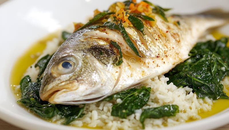 Steamed Sea Bream with Spinach and Basmati Rice Stock Photo - Image of ...