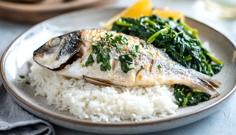 Steamed Sea Bream with Spinach and Basmati Rice Stock Image - Image of ...