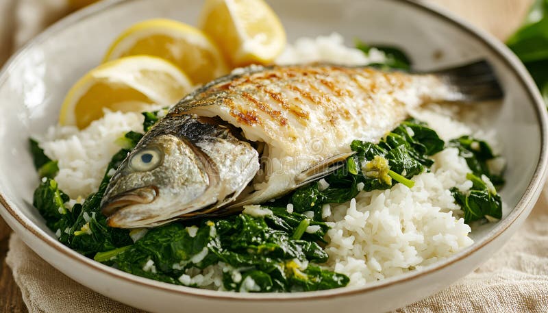 Steamed Sea Bream with Spinach and Basmati Rice Stock Image - Image of ...