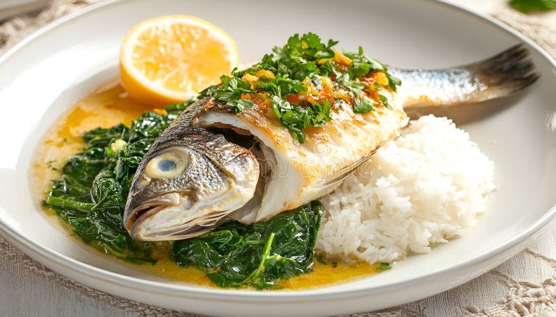 Steamed Sea Bream with Spinach and Basmati Rice Stock Photo - Image of ...