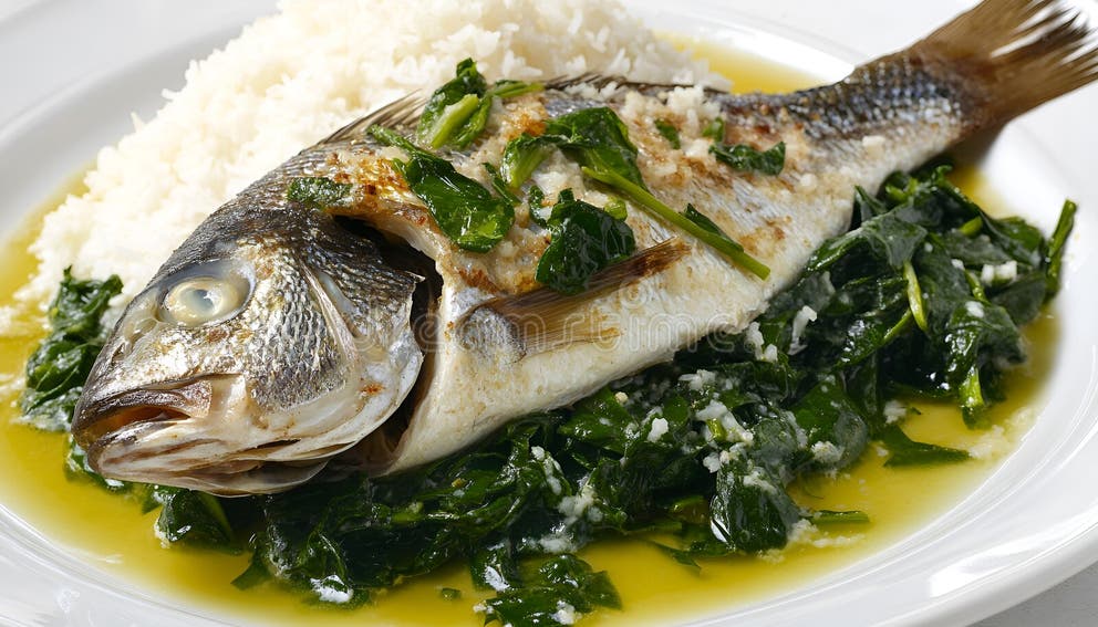 Steamed Sea Bream with Spinach and Basmati Rice Stock Image - Image of ...