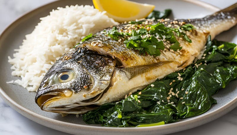 Steamed Sea Bream with Spinach and Basmati Rice Stock Photo - Image of ...