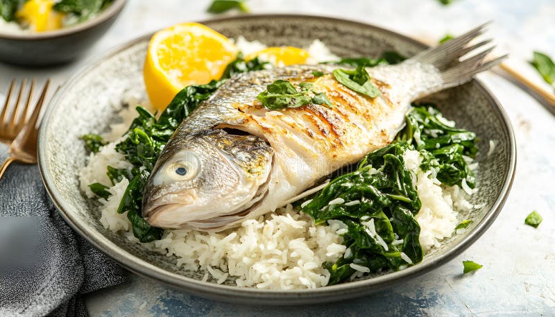 Steamed Sea Bream with Spinach and Basmati Rice Stock Image - Image of ...