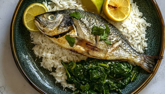Steamed Sea Bream with Spinach and Basmati Rice Stock Image - Image of ...