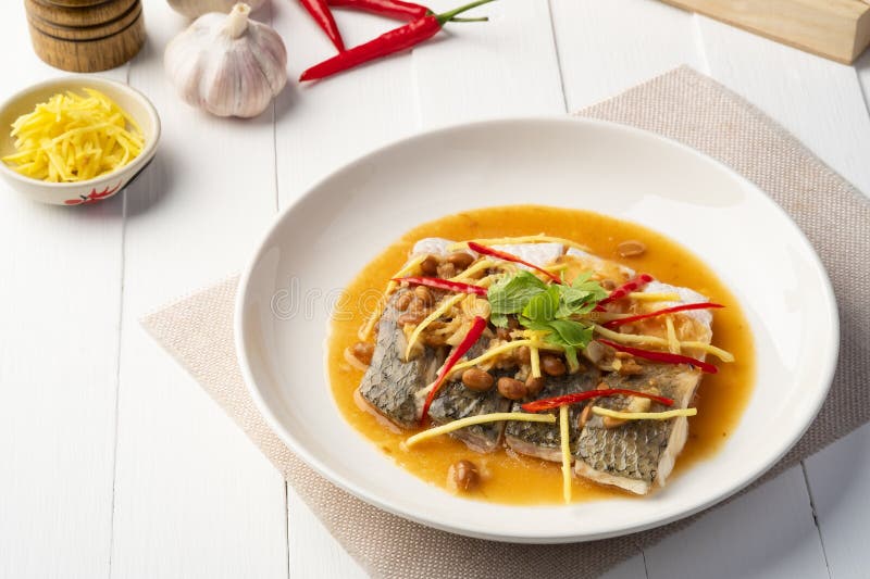 Steamed Seabass Fish with Soybean Paste Sauce. Stock Image - Image of ...