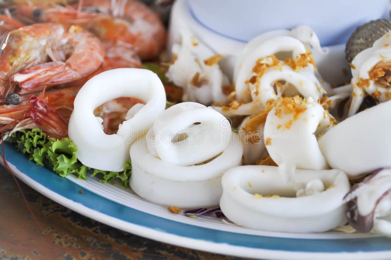 Steamed Seafood or Steamed Squid Stock Photo - Image of garlic, seafood ...