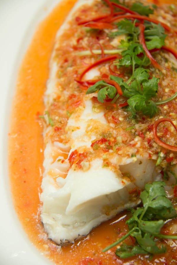 Steamed Snow Fish with Spicy Sauce Stock Photo - Image of food, crusine ...