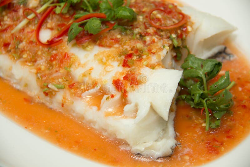Steamed Snow Fish with Spicy Sauce Stock Image - Image of diet, asian ...