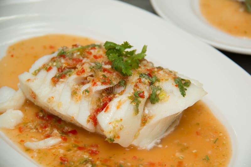 Steamed Snow Fish with Spicy Sauce Stock Image - Image of seafood, cook ...