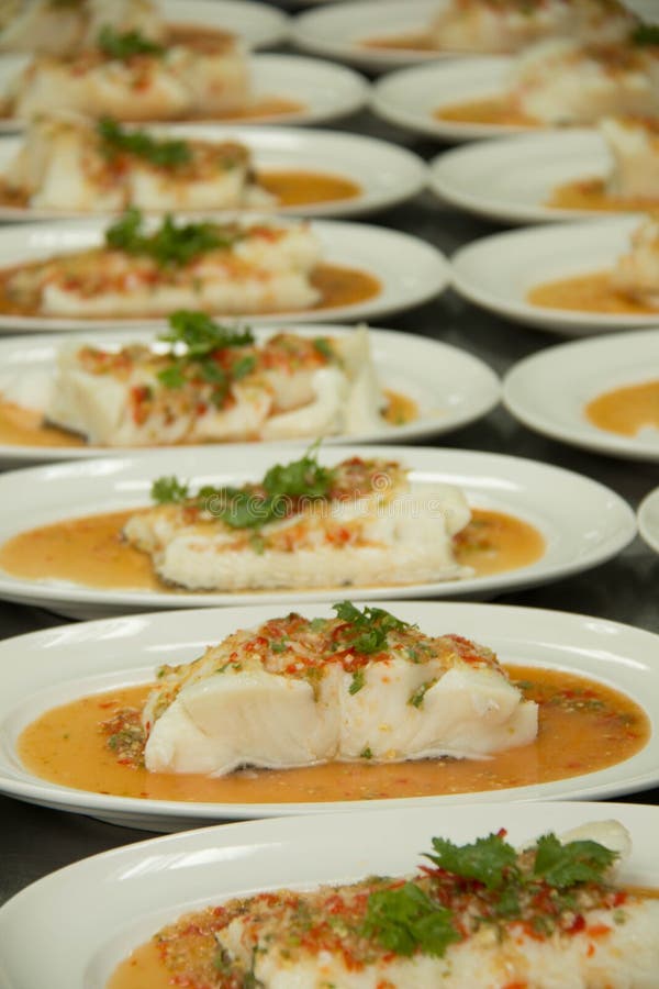 Steamed Snow Fish with Spicy Sauce Stock Photo - Image of summer ...