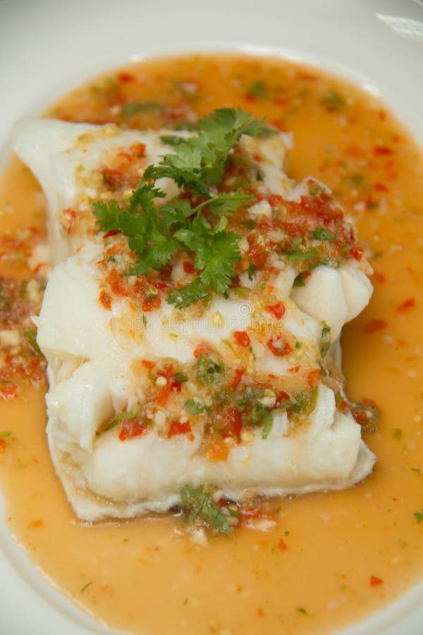 Steamed Snow Fish with Spicy Sauce Stock Photo - Image of fillet, fish ...