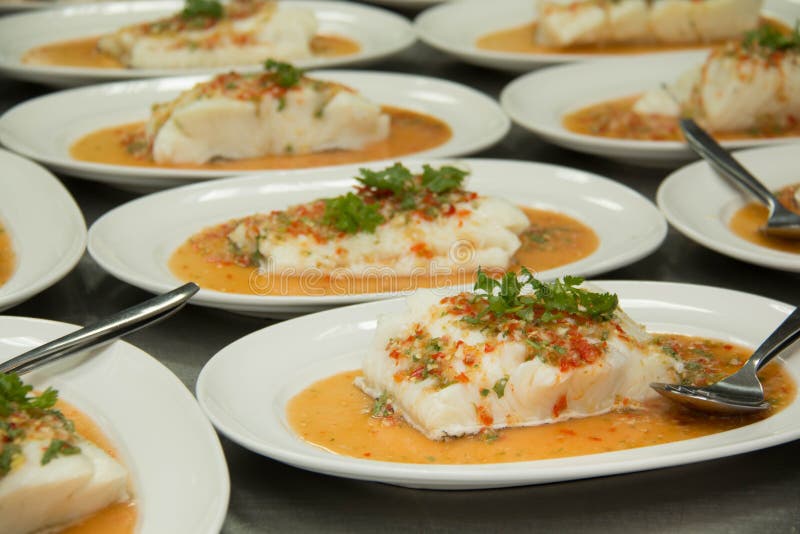 Steamed Snow Fish with Spicy Sauce Stock Photo - Image of meal, cuisine ...