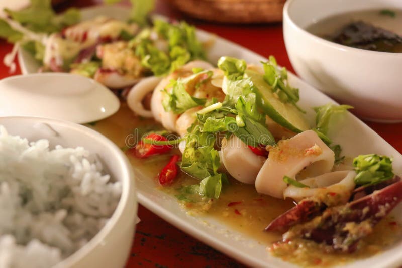 Steamed Squid with Spicy Chilli and Lemon Sauce. Stock Photo - Image of ...