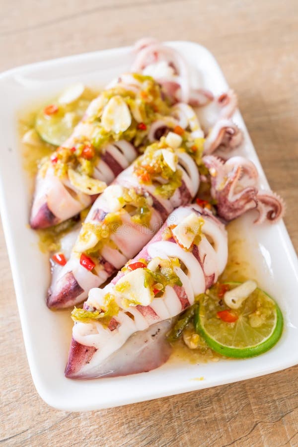 Steamed Squids with Spicy Chili and Lemon Sauce Stock Photo - Image of ...