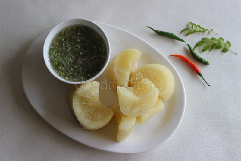 Boiled Tapioca with Chilli Chutney Stock Image - Image of tapioca ...