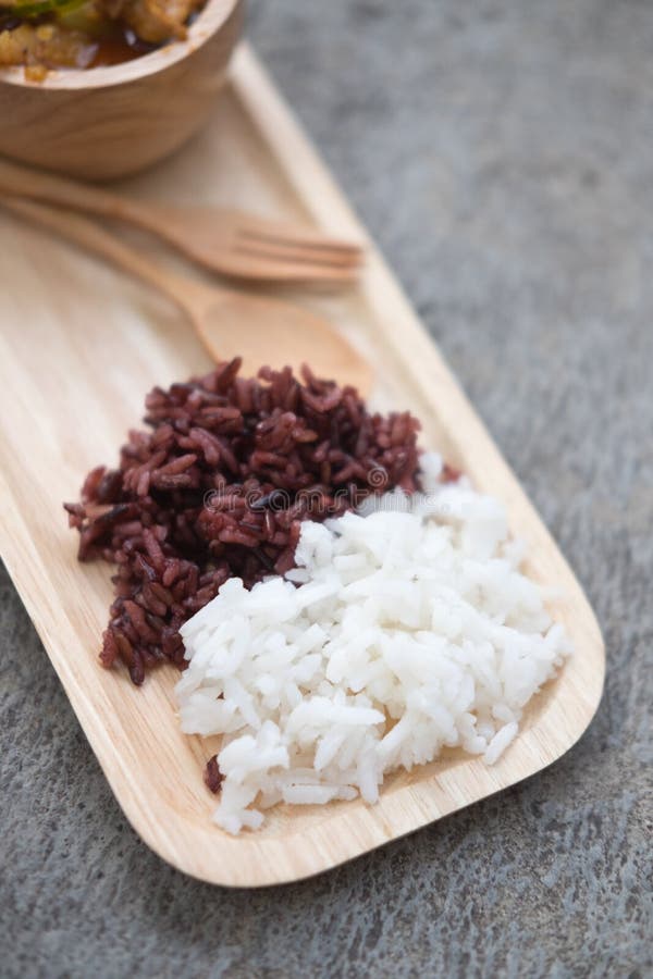 Steamed Thai Riceberry Rice and Thai Jasmine Rice Stock Photo - Image ...