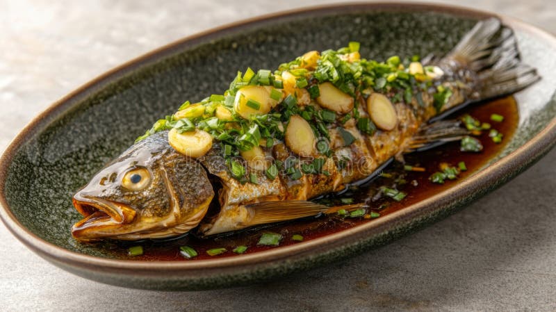 Steamed Whole Fish Garlic Ginger Garnish Stock Illustration ...