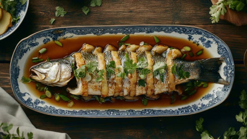 Steamed Whole Fish Served in Soy Sauce Stock Illustration ...