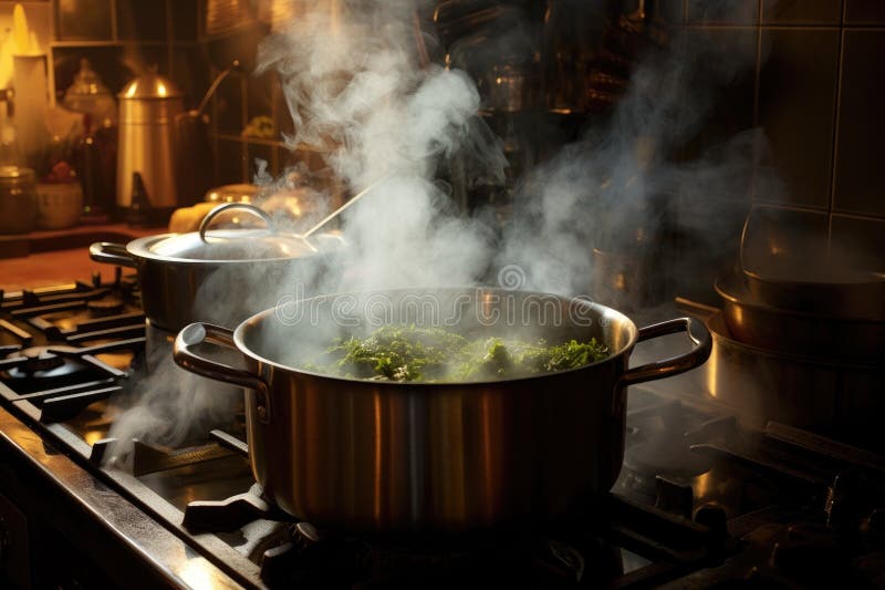Steamer in Action, Steam Rising from Pot on Stove Stock Image - Image ...