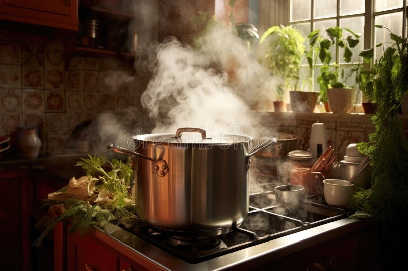 Steamer in Kitchen with Steam Rising from Pot Stock Illustration ...