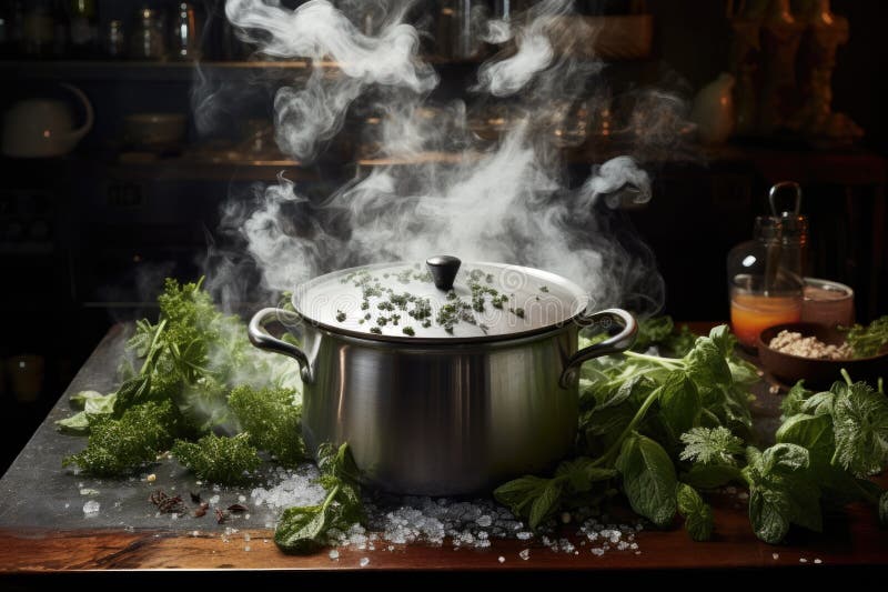 Steamer Releasing Steam Over a Pot of Boiling Water Stock Photo - Image ...