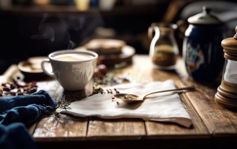 Steaming Arabic Tea with Spice Elements on a Table Stock Illustration ...