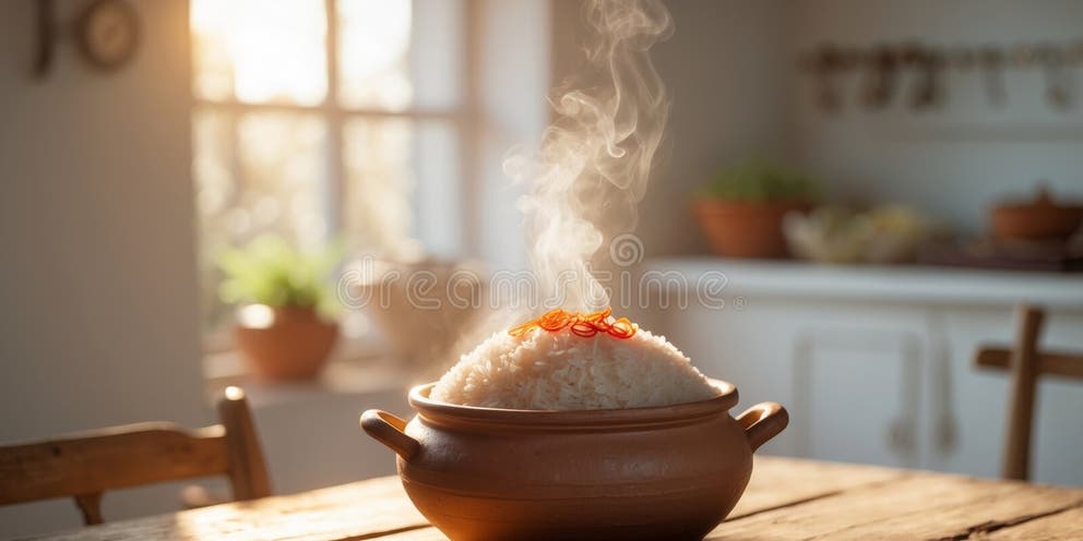 Steaming Aromatic Rice Dish in Traditional Clay Pot Rustic Kitchen ...