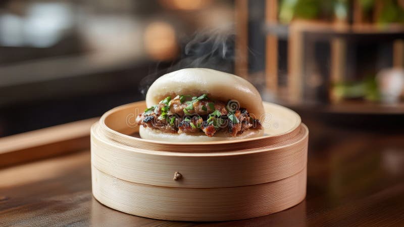 Steaming Asian Bao Bun Filled with Savory Pork Garnished with Cilantro ...