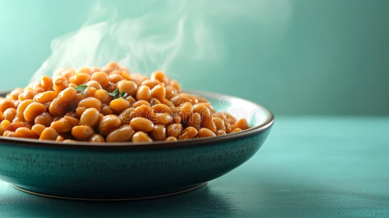 Steaming Baked Beans on a Plate Against a Teal Background. Stock Image ...