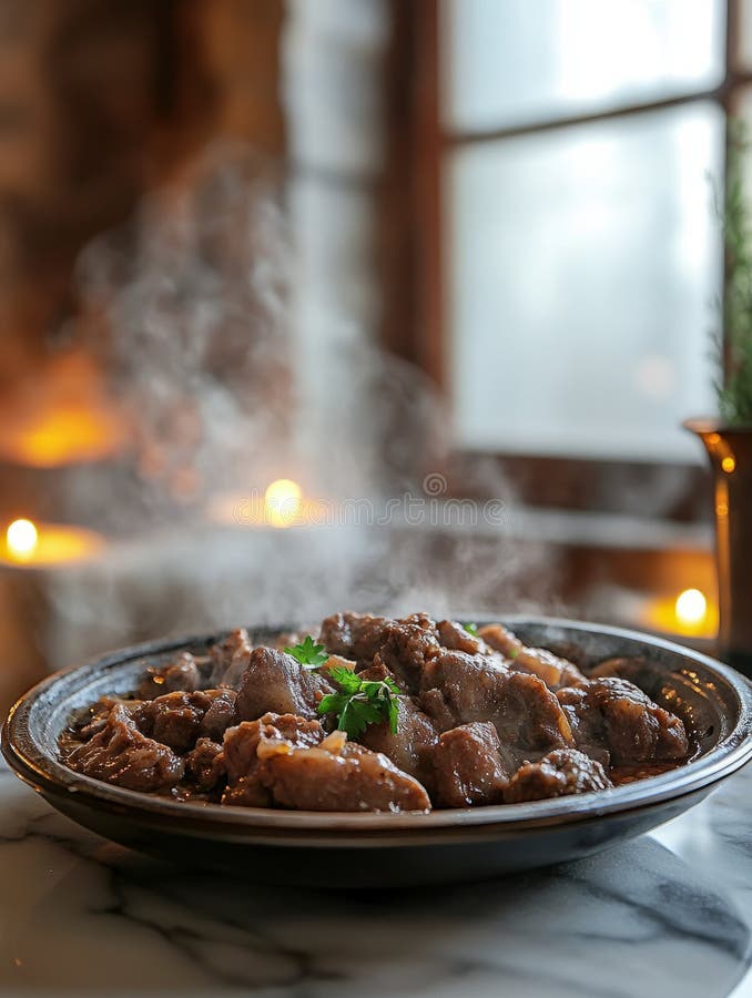 Steaming Beef Stew on a Rustic Plate with Ambient Lighting. Stock Photo ...