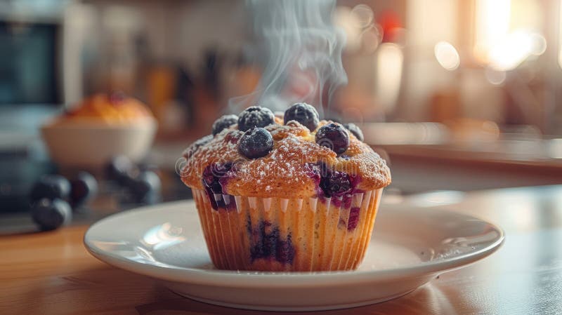 Steaming Blueberry Muffin on Plate. Stock Photo - Image of indulgence ...