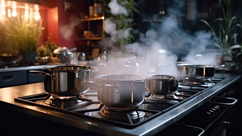 Steaming and Boiling Pan of Water on Heating Stove in Modern Kitchen ...