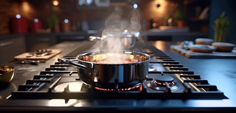 Steaming and Boiling Pan of Water on Modern Heating Stove in Kitchen ...