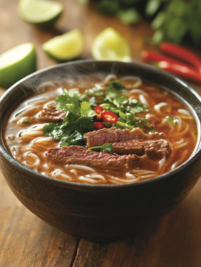 Steaming Bowl of Beef Pho with Fresh Herbs and Chili. Stock Image ...