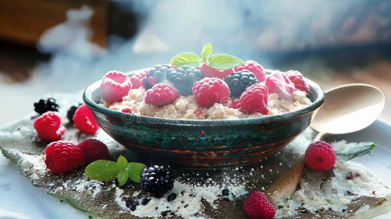 Steaming Bowl of Oatmeal with Raspberries and Blackberries for ...