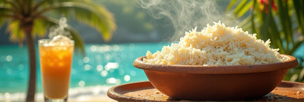 Steaming Bowl of Rice by Tropical Beach with Refreshing Iced Drink ...