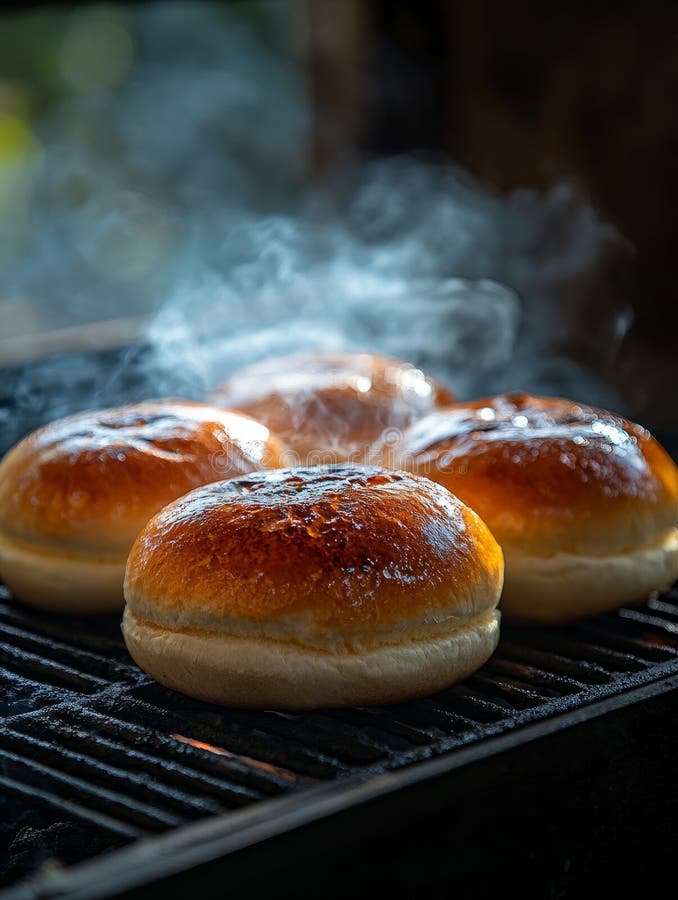 Steaming Bread Buns on a Grill in Warm Lighting. Stock Image - Image of ...