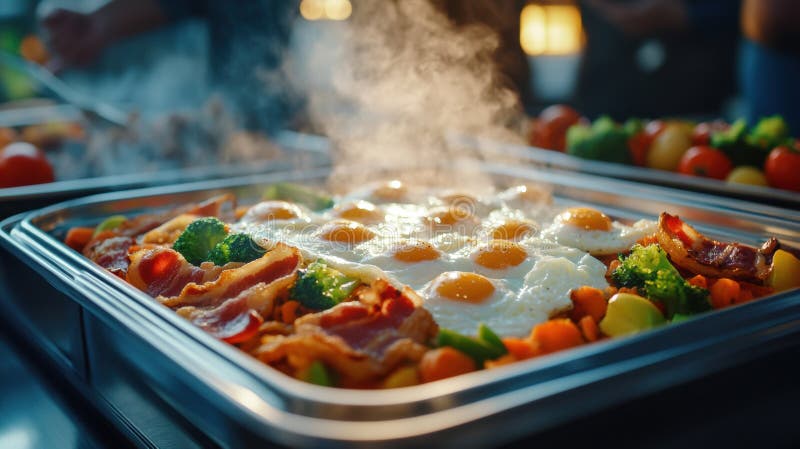 Steaming Breakfast Tray with Eggs, Bacon, and Vegetables in a Buffet ...