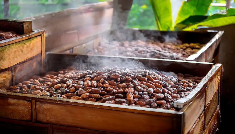 Steaming Cacao Beans in Wooden Boxes during Fermentation Process Stock ...