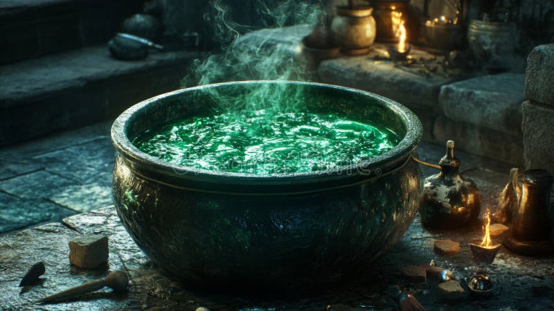 Steaming Cauldron with Green Potion in a Stone Room Stock Illustration ...