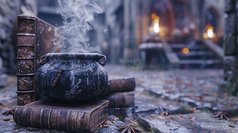 A Steaming Cauldron in a Mysterious Medieval Setting Stock Illustration ...