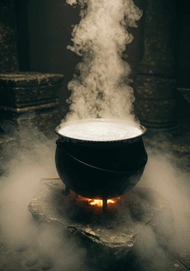 Steaming Cauldron Over Fire in Dark Mysterious Setting Stock ...