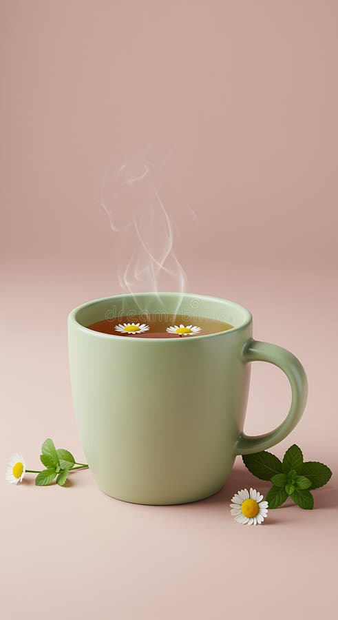 Steaming Chamomile Tea in Pale Green Mug on Pink Background Stock Photo ...