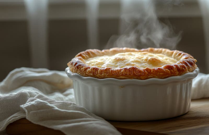 Steaming Chicken Pot Pie in White Ceramic Dish on Table Stock Photo ...