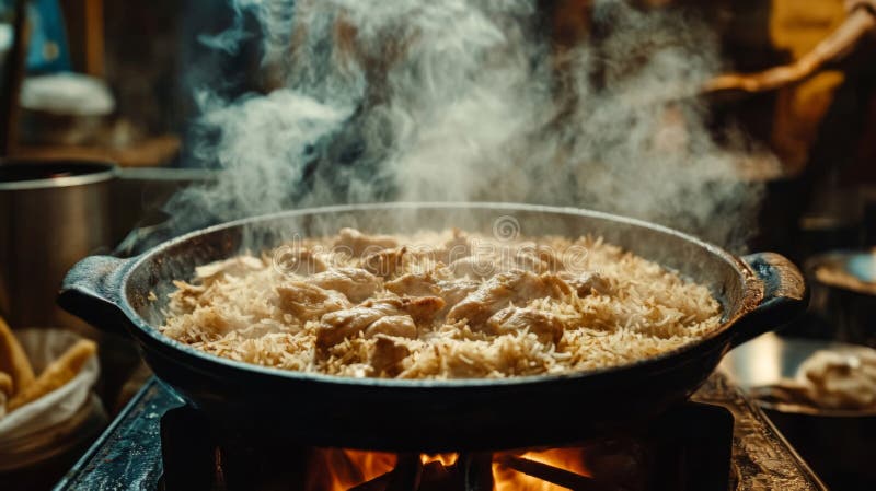 Steaming Chicken Rice Dish Cooking Over Open Fire Stock Illustration ...