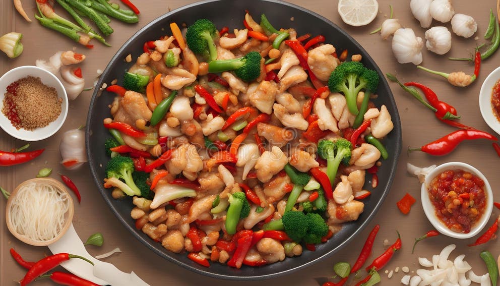 Steaming Chicken Sizzler with Noodles Stock Illustration - Illustration ...