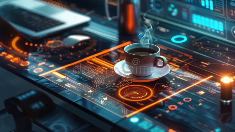Steaming Coffee on a Business Desk with Futuristic Ai Interface ...