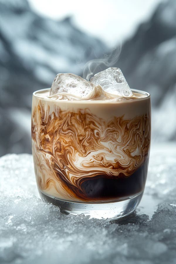 Steaming Coffee Cocktail on Ice with Mountain Vista Stock Photo - Image ...