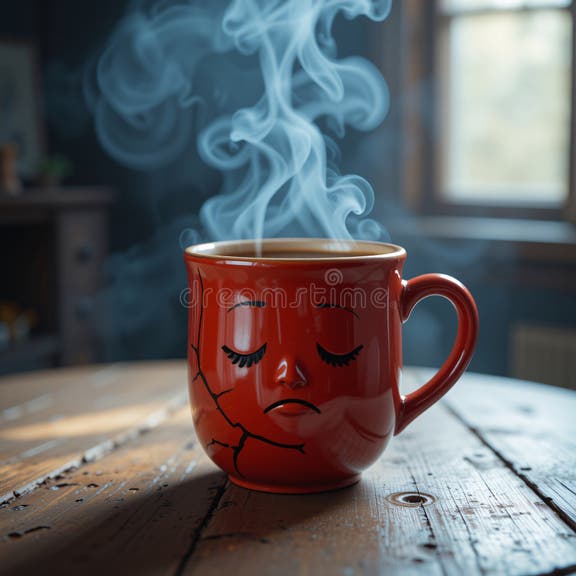 Steaming Coffee in a Cracked Mug with a Sad Face Stock Illustration ...